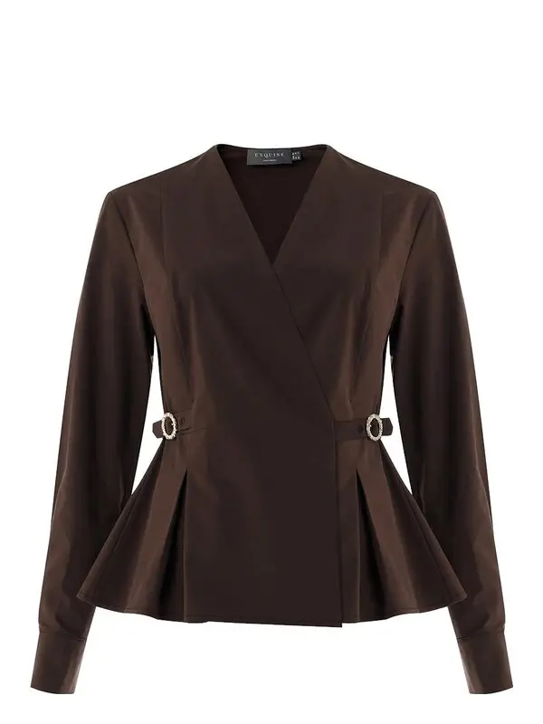 EXQUISE Ashlynn Wrap Collar Shirt - Brown