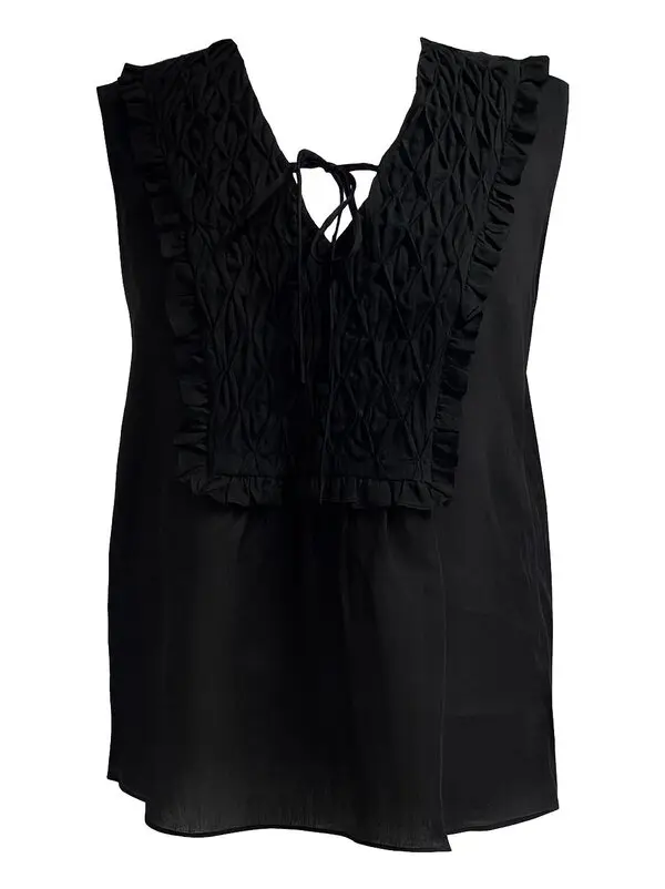 EXQUISE Sleeveless V-neck Lace Blouse With Ruffle Trim - Black