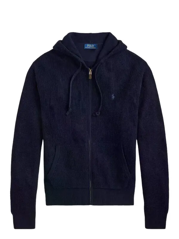 Polo Ralph Lauren Waffle-knit Wool-cotton Hooded Full-zip Sweater - Blue
