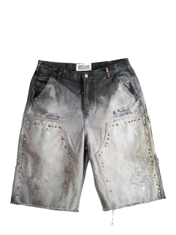 SATOSHI NAKAMOTO Carpenter Stud-embellished Distressed Denim Shorts - Grey