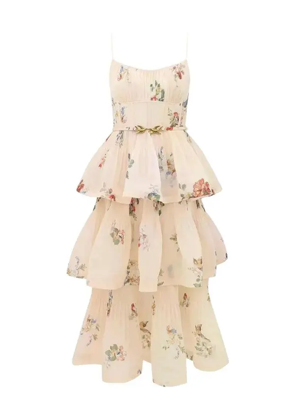 Zimmermann Pleated Tiered Midi Dress - Neutrals