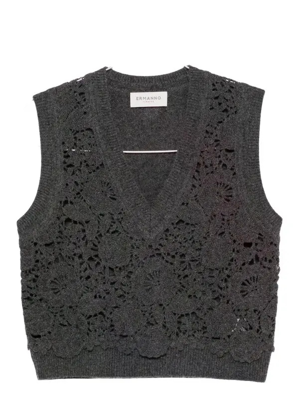 ERMANNO FIRENZE Wool Floral-lace V-neck Gilet - Grey