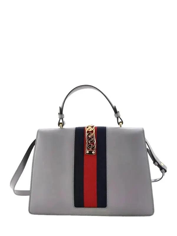 Gucci Sylvie Top Handle Bag Embroidered Leather Medium Satchel - Grey