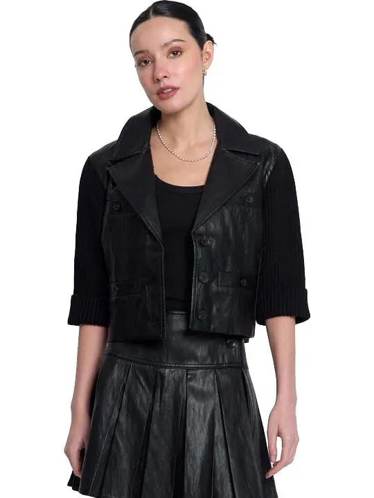 Central Park West Quinn Cropped Vegan Leather Sweater Jacket - Black