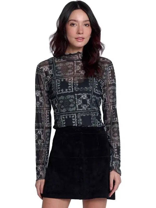 Central Park West Wren Sheer Bandana Print Turtleneck Top - Black Combo