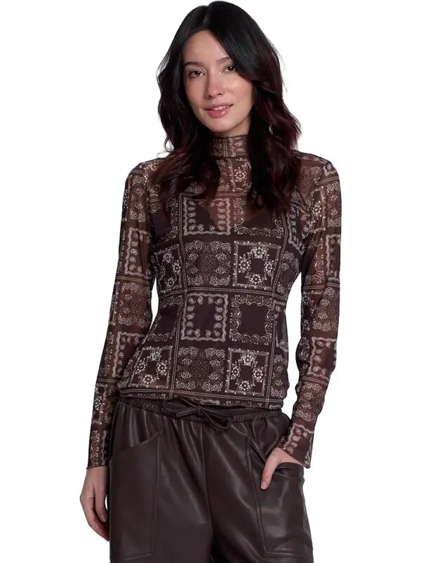 Central Park West Wren Sheer Bandana Print Turtleneck Top - Chocolate Combo
