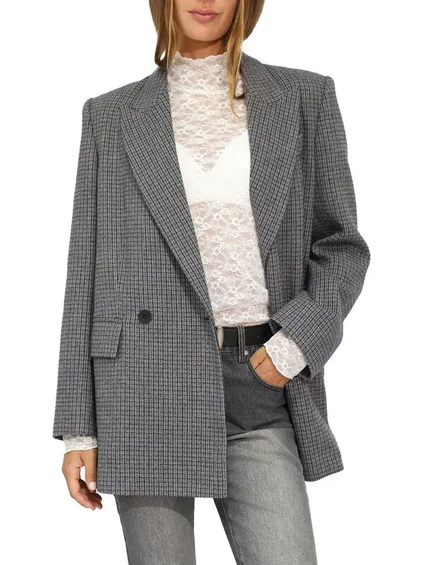 BELLE & BLOOM Double Breasted Plaid Wool Blend Blazer - Blue