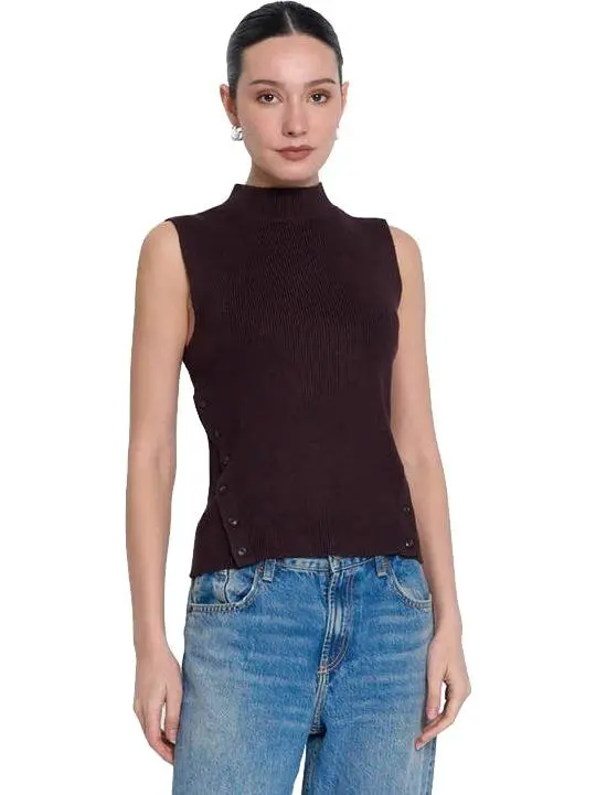 Central Park West Sleeveless Turtleneck With Button Detail - Chocolate