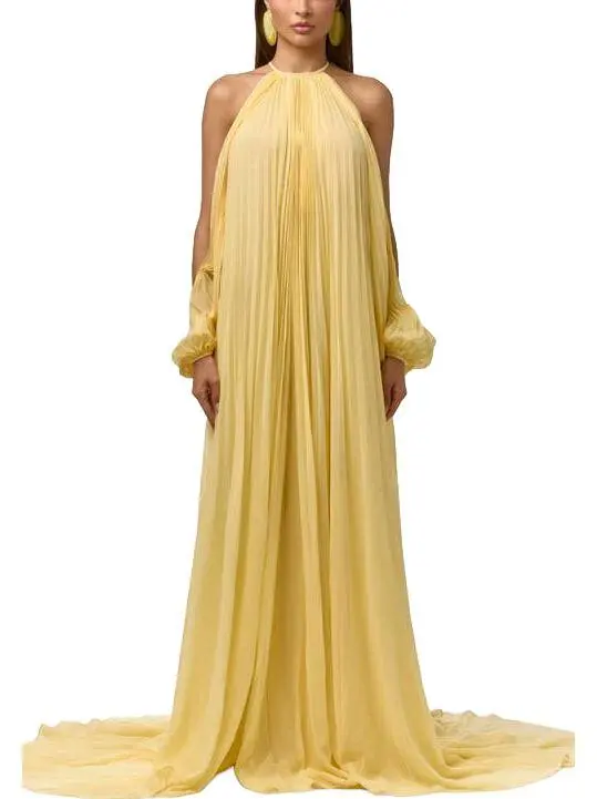 Naked Wardrobe Pleated Chiffon Halter Maxi Dress - Lemonade