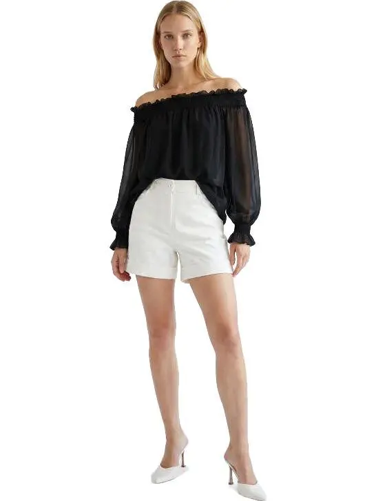EXQUISE Pocketed Button Front Denim Shorts - Bone