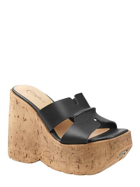 CANDIE'S Marabelle Platform Wedge Slide Sandal - Black Leather