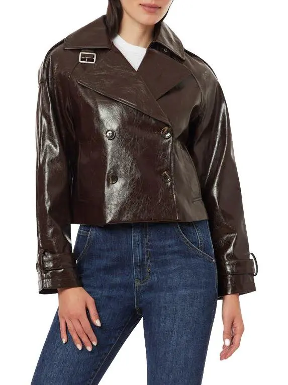 Habitual Textured Faux Leather Cropped Double-breasted Jacket With Notched Lapels And Buckled Straps - Chocolate