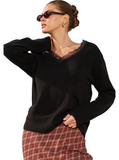 Astr The Label Jadyn Lace-trim V-neck Pullover - Black