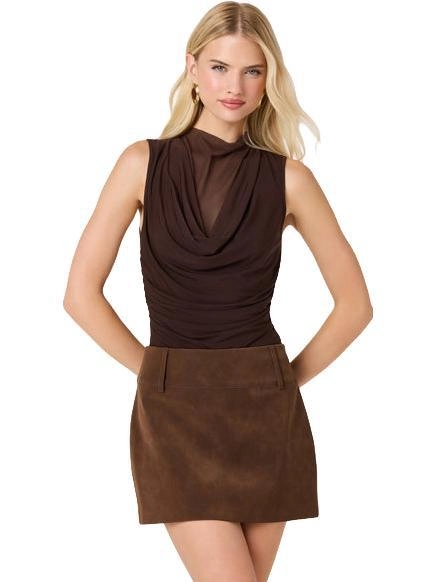 Astr The Label Shaina Layered Mesh Cowl Neck Top - Brown