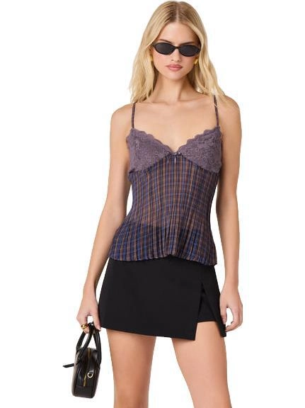 Astr The Label Haleigh Plaid Mesh Top With Lace Bust - Blue Plaid Multi