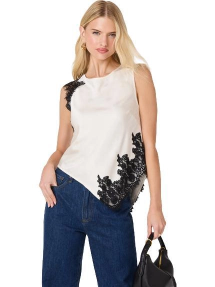 Astr The Label Satin Asymmetric Top With Lace Trim - Ivory