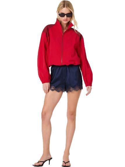 Astr The Label Amadea Lace Hem Pull-on Satin Shorts - Navy