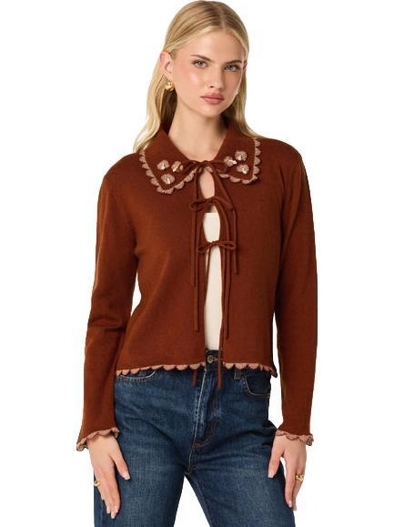 Astr The Label Keana Beaded Scallop-trim Cardigan - Rust