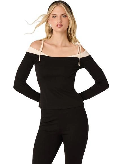 Astr The Label Loretta Mixed Media Off-shoulder Top - Black