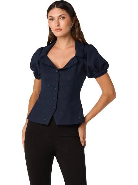Astr The Label Embroidered Puff Sleeve Top - Navy