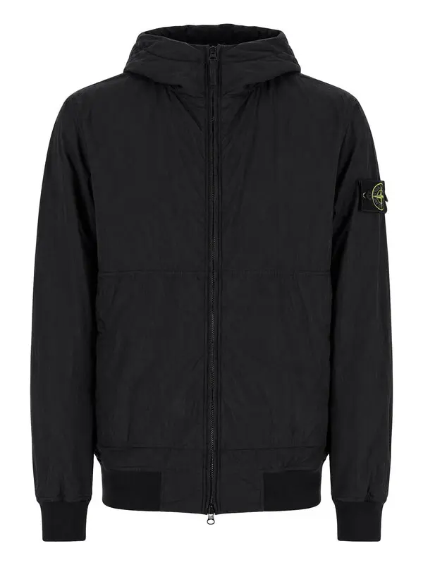 Stone Island Hooded Bomber Jacket With Logo Patch - Black