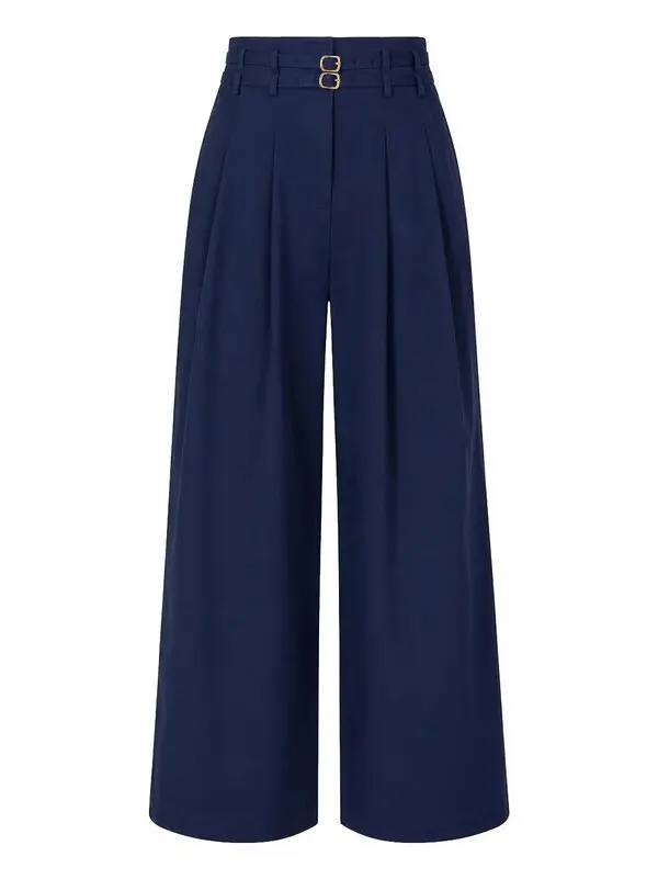 EXQUISE Mckenna Belted High Waisted Pleated Wide Leg Trousers - Blue