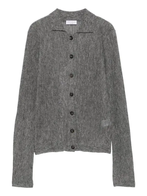 Brunello Cucinelli Wool And Silk Ribbed Knit Polo Shirt - Grey