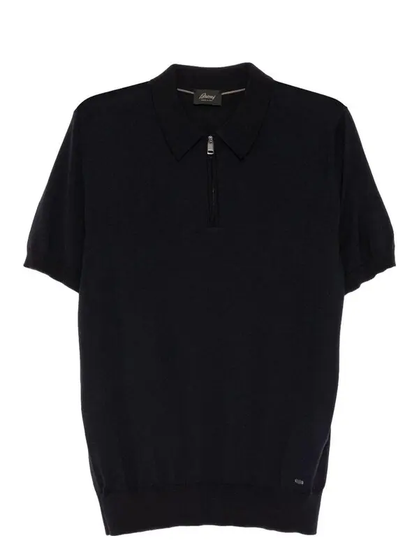 Brioni Short Sleeve Wool Polo With Quarter Zip - Blue