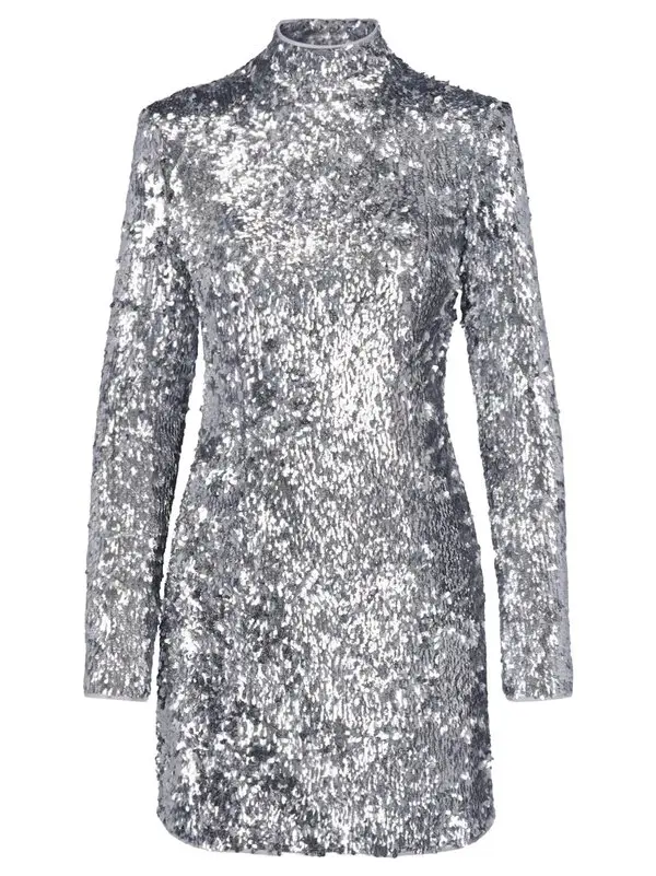 Balmain Mini Sequined High-neck Long-sleeve Dress - Silver