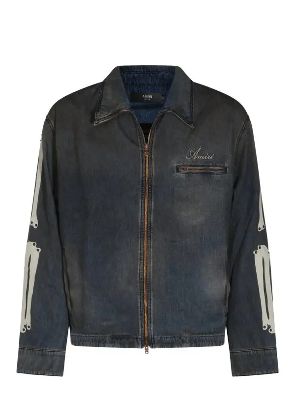 Amiri Distressed Denim Jacket With Bone Patch And Zip Pockets - Grigio