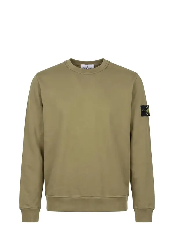Stone Island Inspired Cotton Fleece Crewneck Sweatshirt With Sleeve Badge - Verde