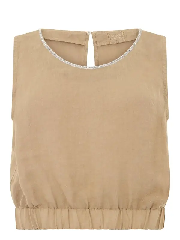 120% Lino Rhinestone Embellished Linen Crop Top - Beige