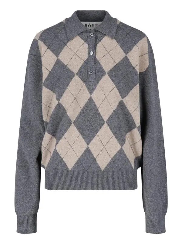 RÓHE Argyle Knit Polo Sweater - Grey