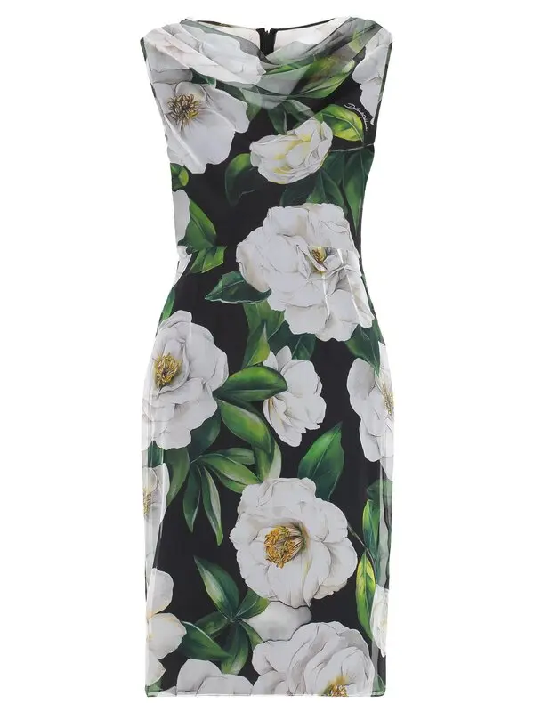 Dolce & Gabbana Floral Printed Silk Mini Dress With Draped Neckline - Black