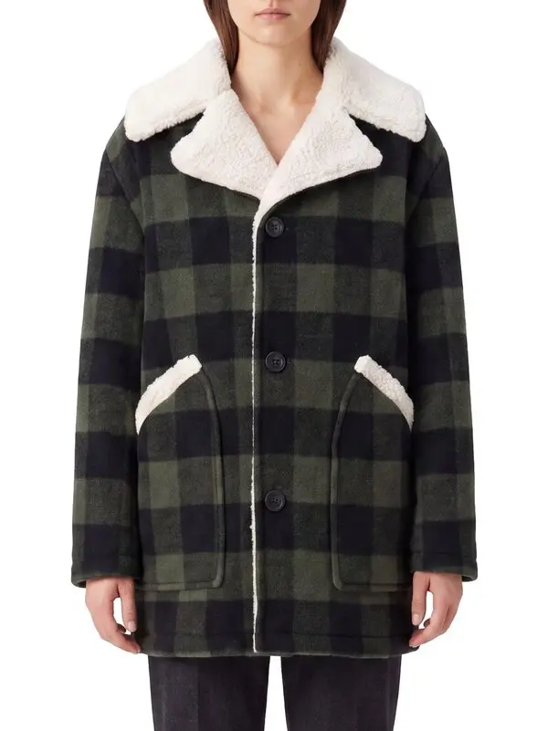 N° 21 Short Check Wool-blend Coat With Faux-fur Collar - Green