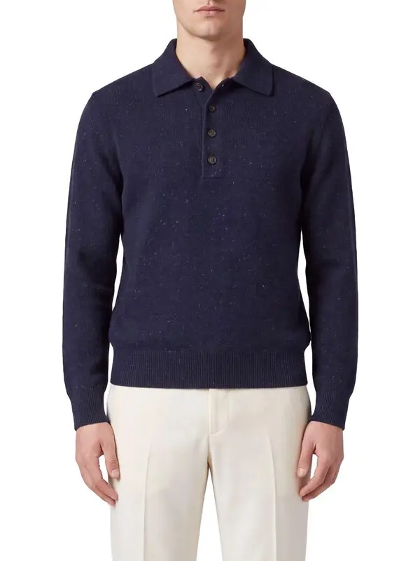 Eleventy Long-sleeved Knitted Wool Polo Shirt - Royal Blue