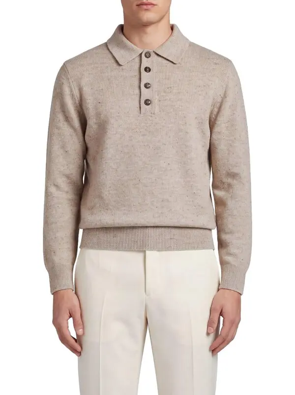 Eleventy Long-sleeved Knitted Wool Polo Shirt With Ribbed Collar - Sand
