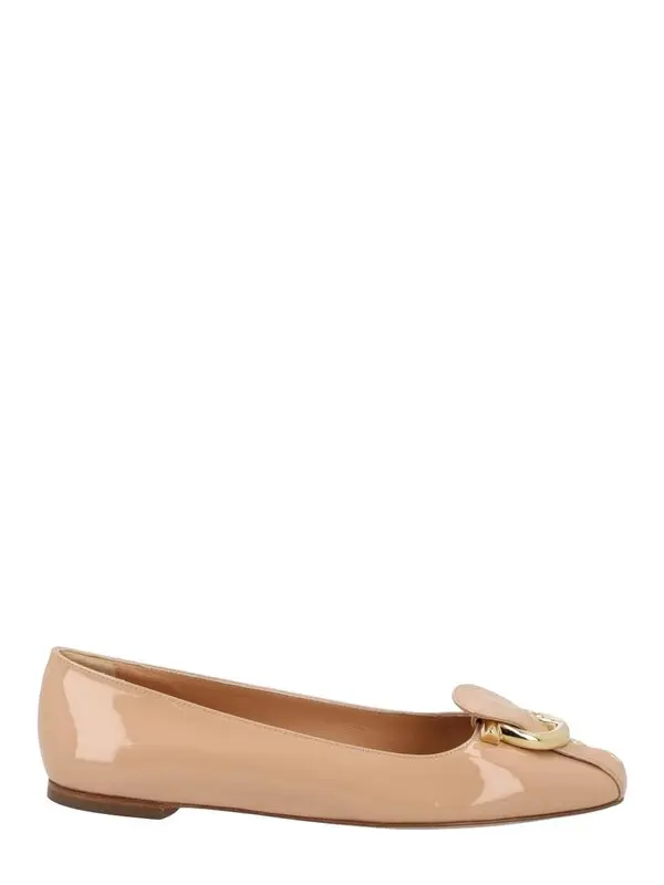 FERRAGAMO Patent Leather Buckled Ballerina Flats - Beige