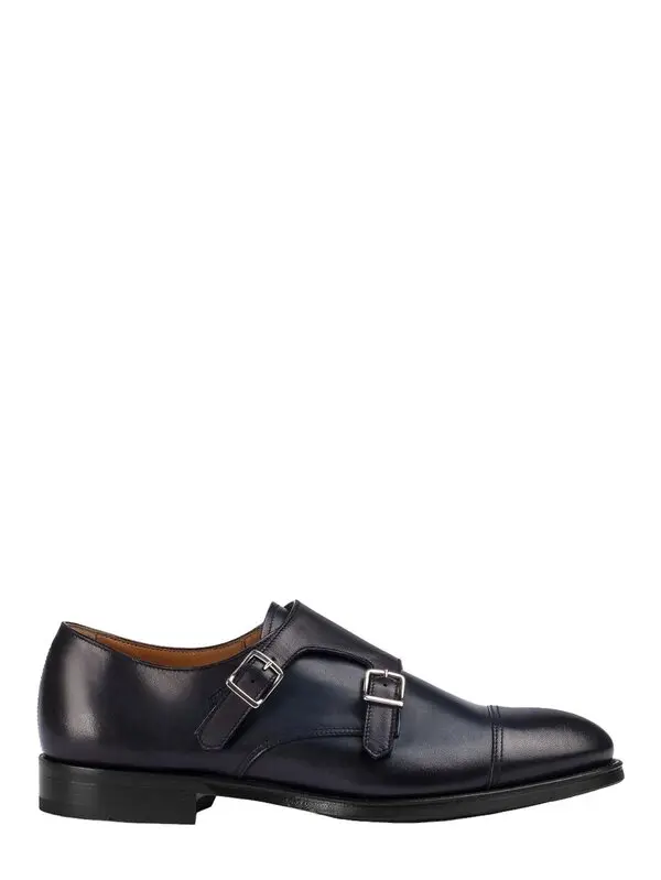 DOUCAL'S Double Monk Strap Dress Shoes In Smooth Calfskin Leather - Blue