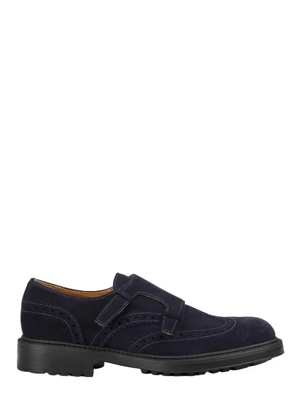 DOUCAL'S Suede Double Monk Strap Shoes With Round Toe And Wingtip Brogue Detailing - Blue
