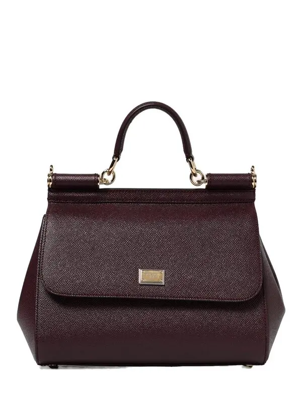 Dolce & Gabbana Sicily Grained Calfskin Leather Handbag With Shoulder Strap - Wine