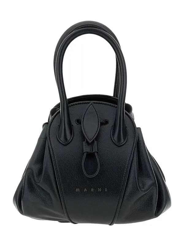 Marni Small Flared Buffalo Leather Handbag With Double Handle And Drawstring - Black