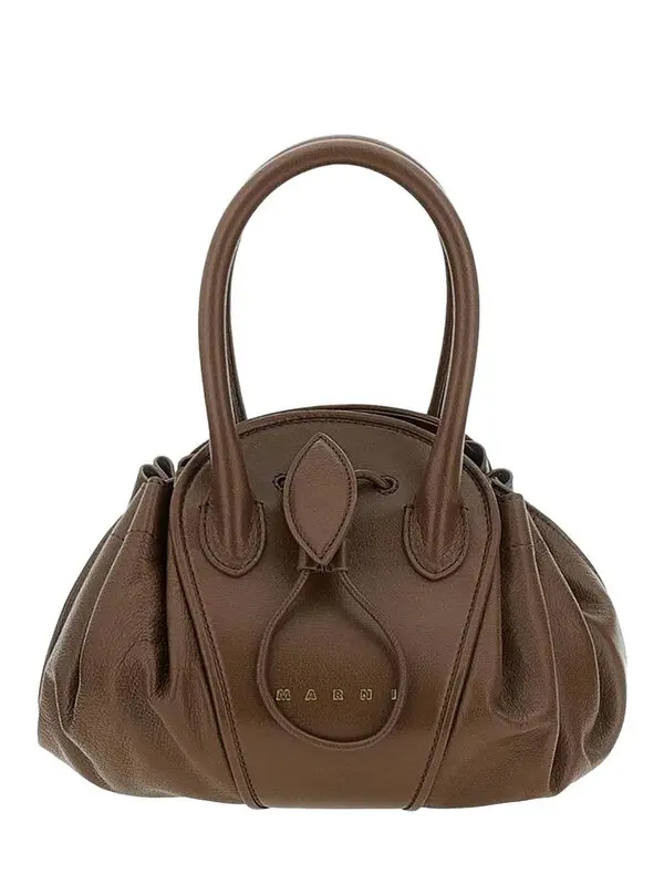 Marni Small Flared Buffalo Leather Handbag With Double Handle And Drawstring - Brown