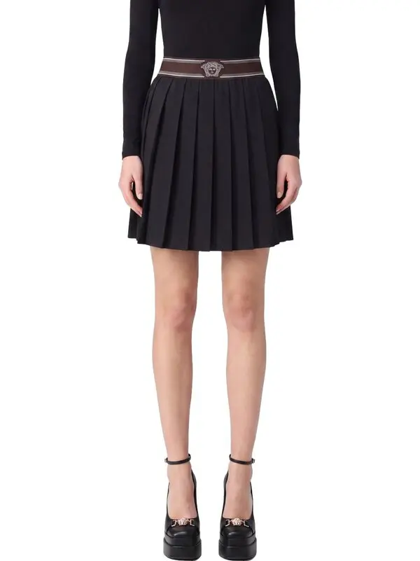 Versace Pleated Wool And Mohair Mini Skirt With High Logo Waistband - Black