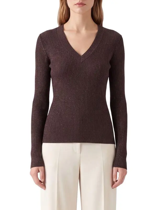 Liu Jo Slim Fit Ribbed V-neck Jumper With Laminated Yarn - Brown