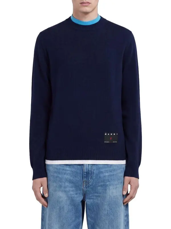 Marni Slim Fit Cashmere Crewneck Jumper With Contrast Trims - Blue