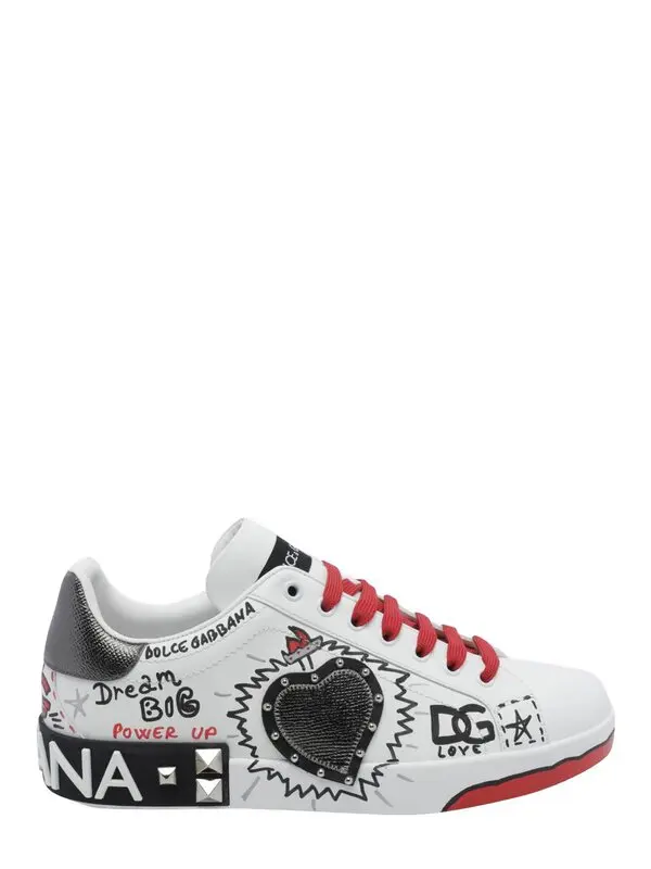 Dolce & Gabbana Portofino Studded Calf Leather Sneakers With Lettering Logo - White 1