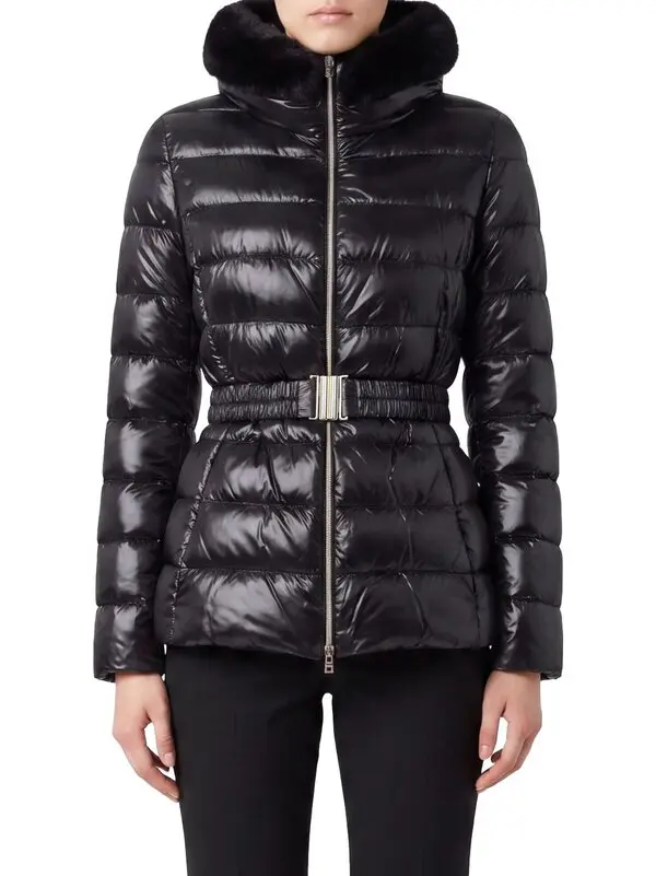 Herno Slim Fit Quilted Nylon Puffer Jacket With Fur Collar And Belt - Black
