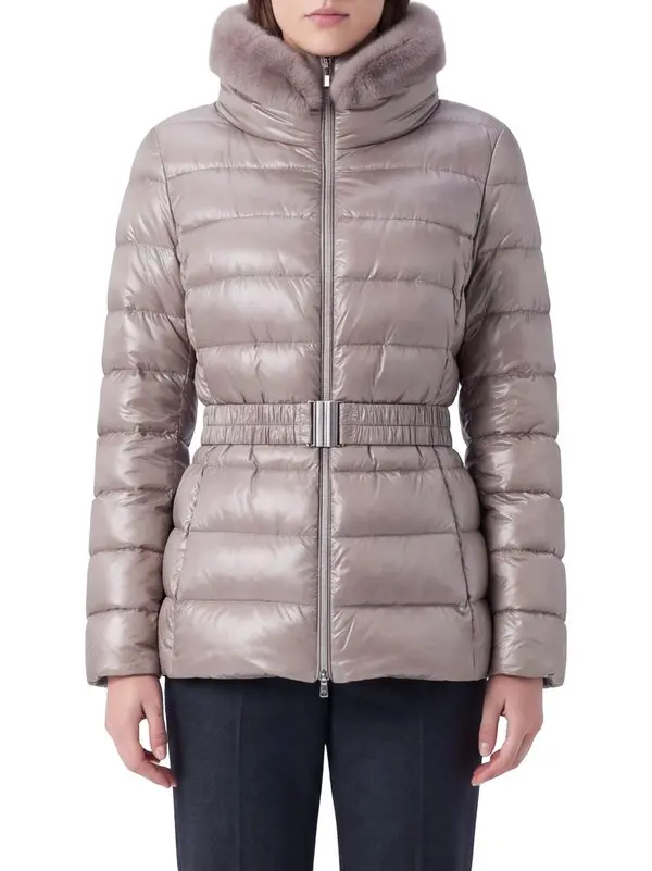 Herno Slim Fit Quilted Nylon Puffer Jacket With Fur Collar And Belt - Grey