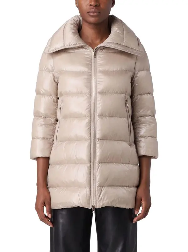 Herno Long Quilted Nylon Puffer Coat With Funnel Neck And Zip Closure - Cream